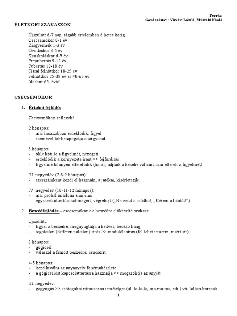 Életkori Szakaszok - Saját Jegyzet | PDF