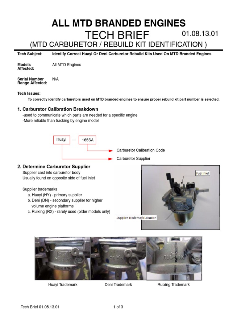 MTD Carburetor Rebuild Kit Identification | PDF | Technology & Engineering