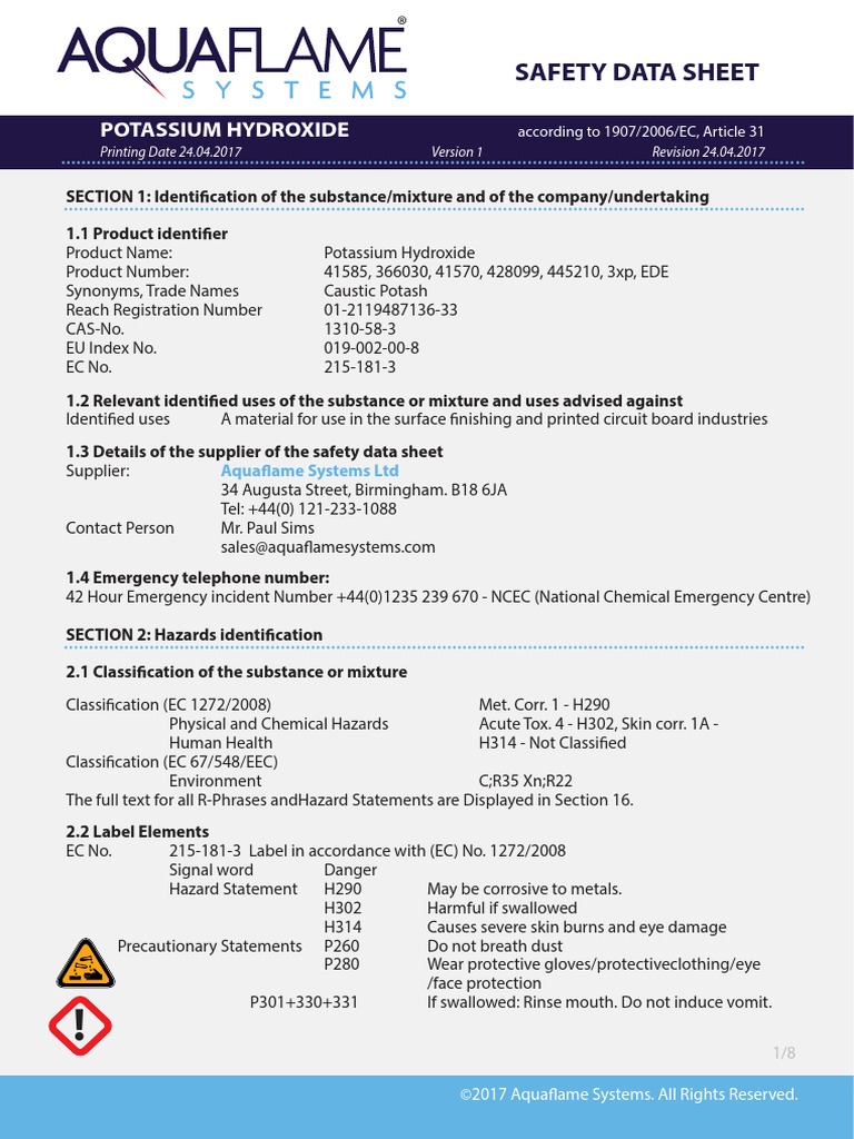 Potassium Hydroxide MSDS 6-5-17 | PDF | Technology & Engineering