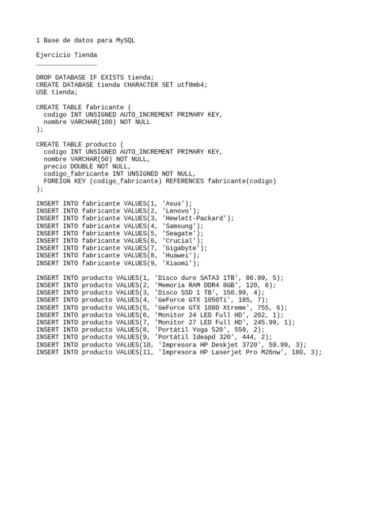Ejercicio 1 Fundamento de Base de Datos Tienda | PDF
