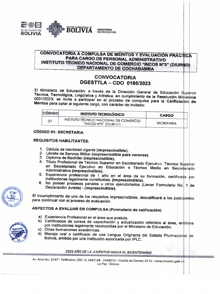 Cdo 185 2023 Cochabamba Inst Incos | PDF