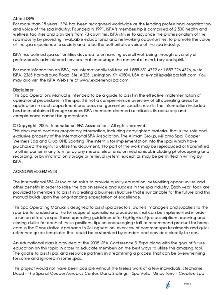 Spa Operations Manual | PDF