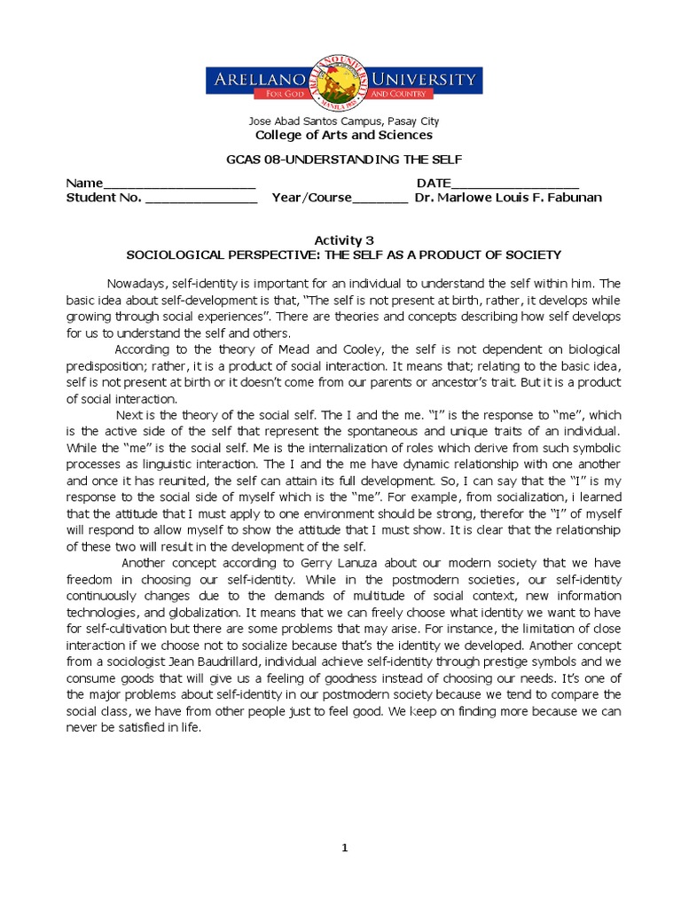 Activity 3 SOCIOLOGICAL PERSPECTIVE THE SELF AS A PRODUCT OF SOCIETY | PDF | Self Concept ...