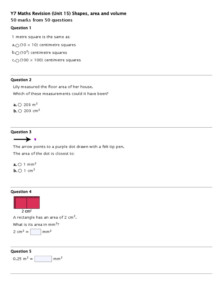Y7 Maths Revision (Unit 15) Shapes, Area and Volume 50 Marks From 50 Questions | PDF