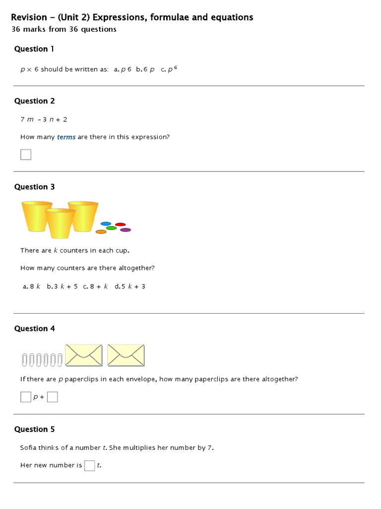 Revision - (Unit 2) Expressions, Formulae and Equations: 36 Marks From 36 Questions | PDF