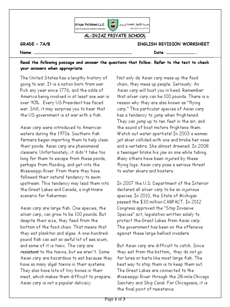 G7-Reading-CT2-Revision Worksheet 1 | PDF