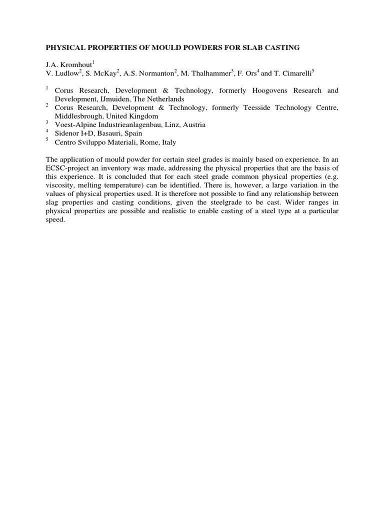 Physical Properties of Mould Powders For Slab Casting | Download Free ...