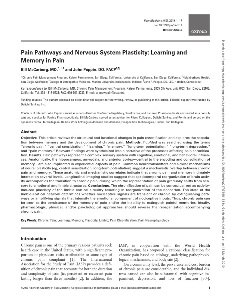 Pain Pathways and Nervous System Plasticity. Learning and Memory in ...