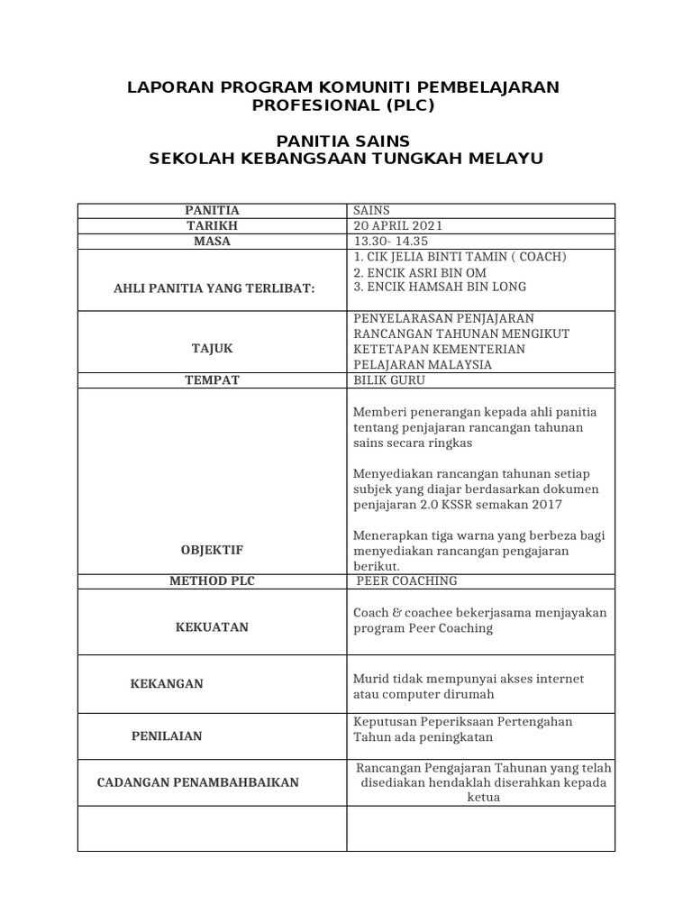Laporan PLC Panitia Sains | PDF