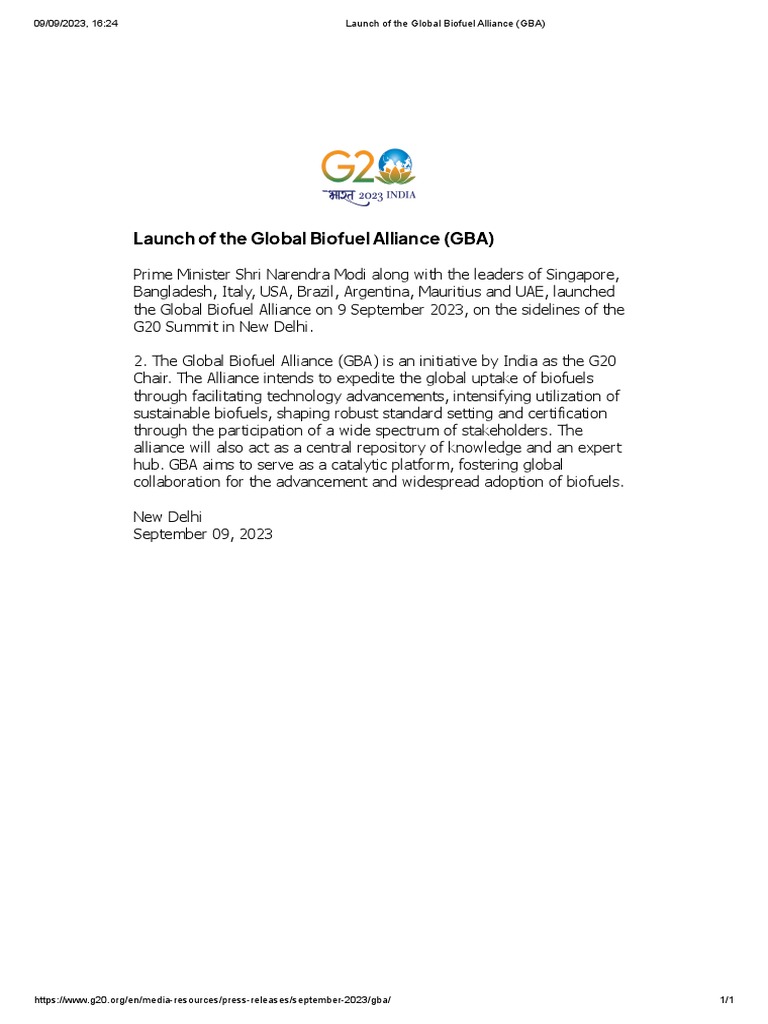 Global Biofuel Alliance Launched at G20 | PDF