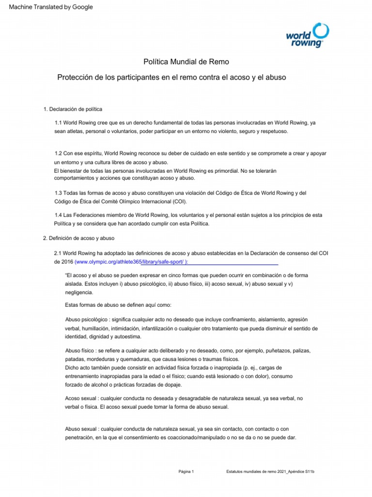 1 - 2021 - World Rowing - Safeguarding Policy | PDF | Acoso sexual | Abuso sexual