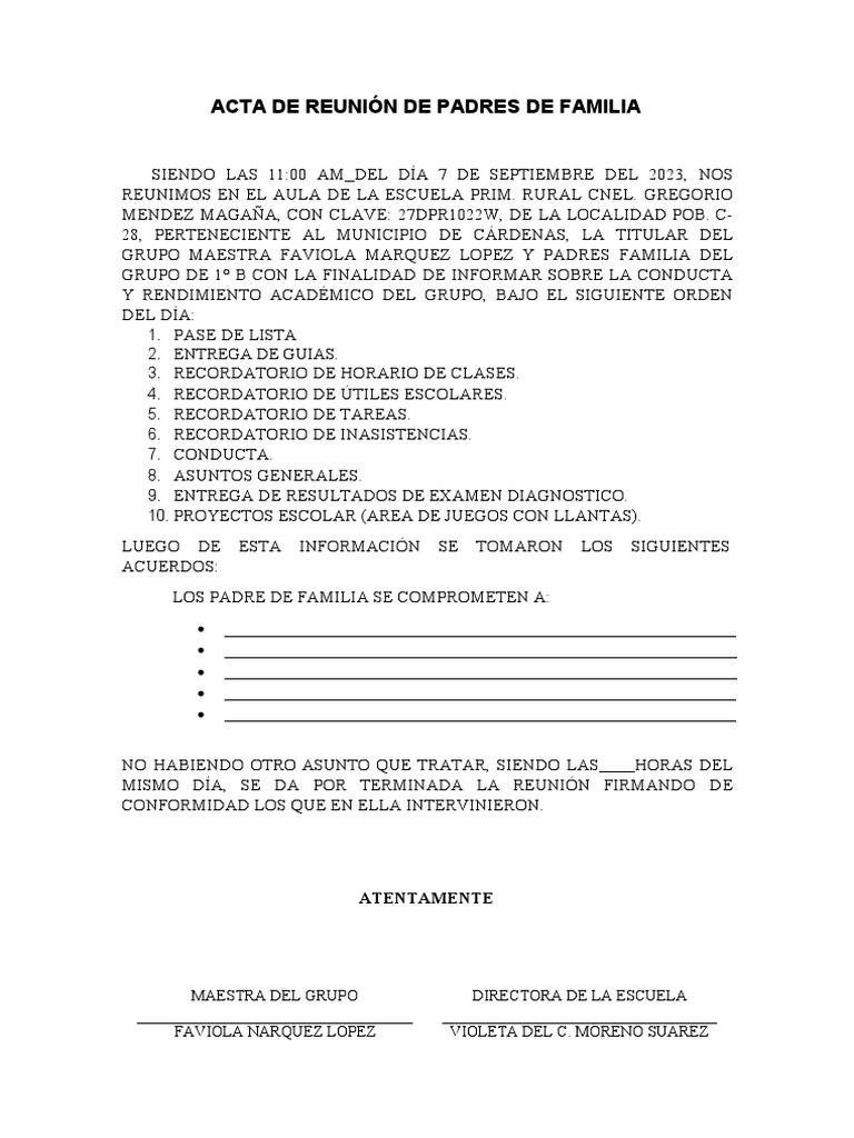 Modelo De Acta De Reunión De Padres De Familia Para Imprimir – DNBTVP