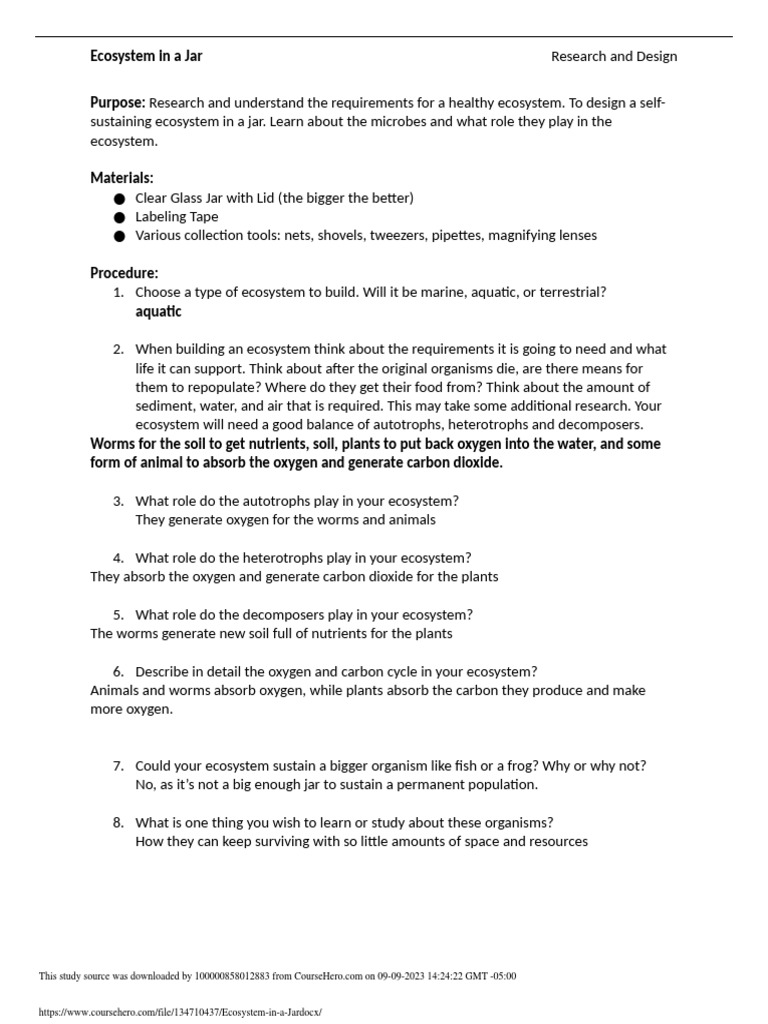 Ecosystem in A Jar | PDF | Ecosystem | Aquatic Ecosystem