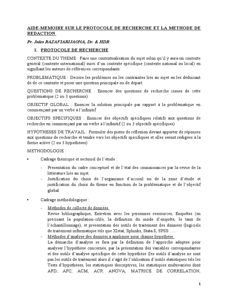 Aide Memoire Pour La Redaction Dun Protocole de Recherche - Et Pour La ...