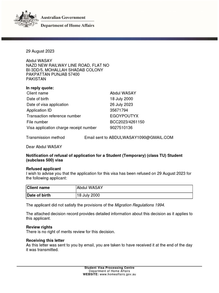 Student Visa Refusal Notification | PDF