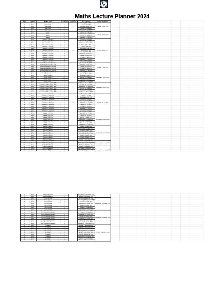 Maths Lecture Planner | PDF | Equations | Vector Space