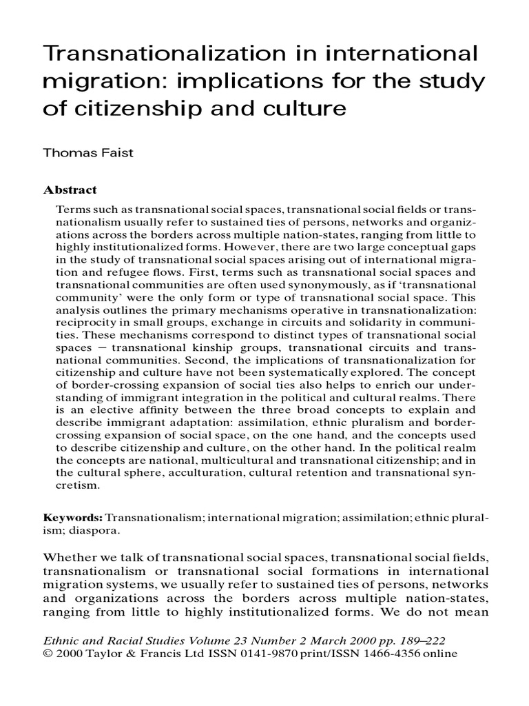 Transnationalization in International Migration - Thomas Faist | PDF ...