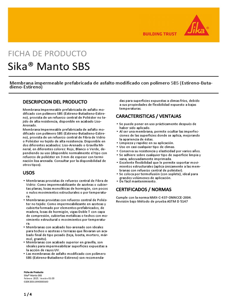 Sika® Manto SBS: Membrana Impermeable | PDF | Hormigón | Materiales