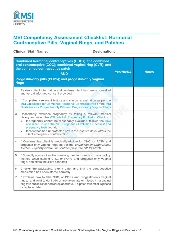MSI CA Checklist - Hormonal Contraceptive Pills, Rings and Patches v1.0 ...