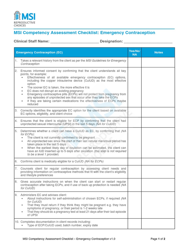 MSI CA Checklist - Emergency Contraception v1.0 | PDF | Birth Control ...