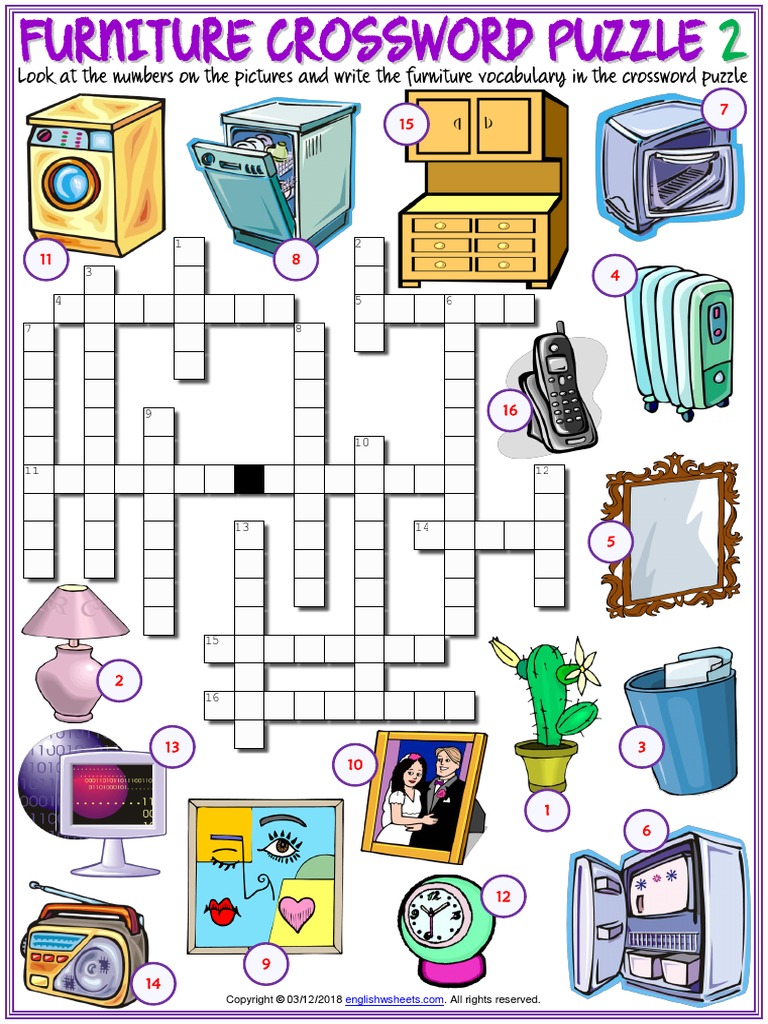 Furniture Vocabulary Esl Crossword Puzzle Worksheets 2 | PDF