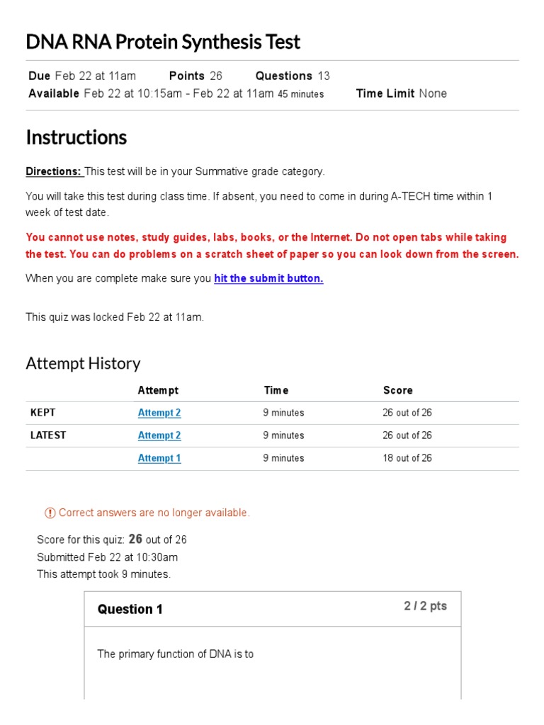 DNA RNA Protein Synthesis Test_ Biology H | PDF