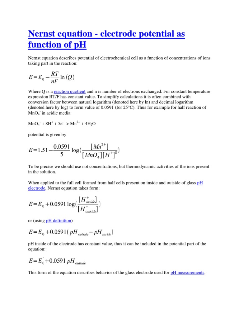 Nernst Equation - Electrode Potential As Function of PH: Reaction Quotient | PDF