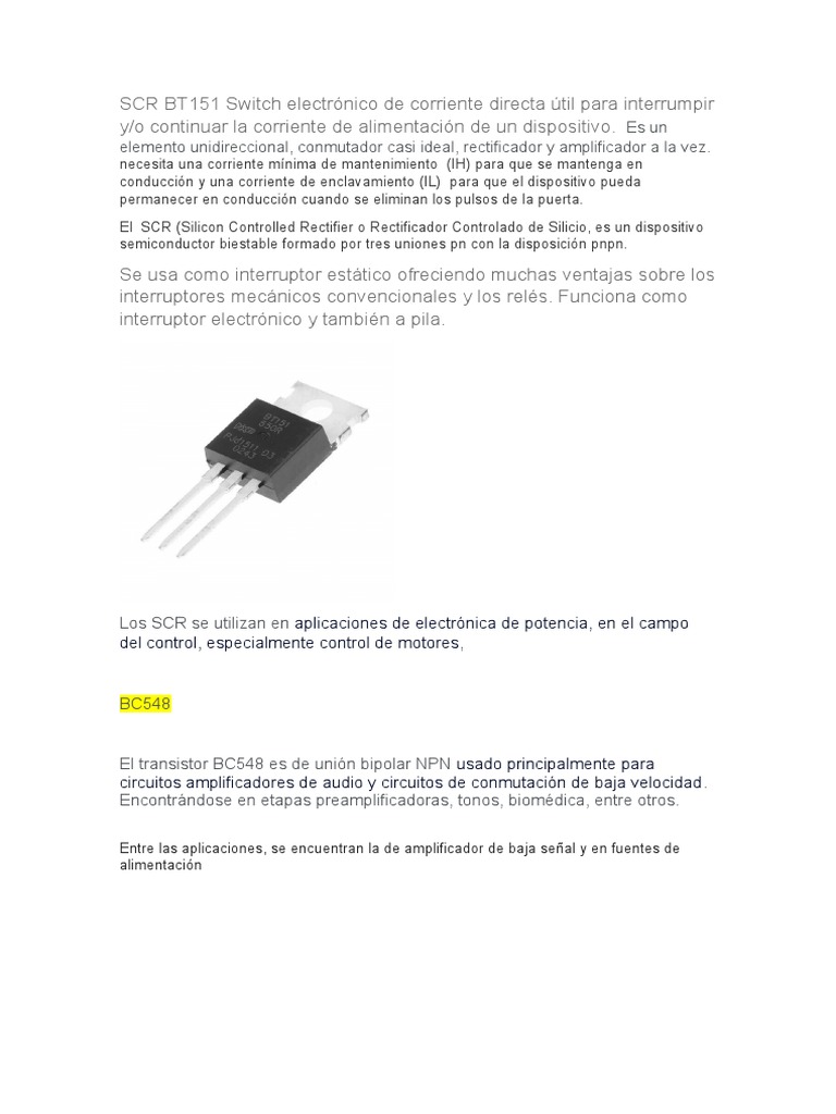 SCR BT151 Switch electrónico de corriente directa útil para interrumpir y | PDF