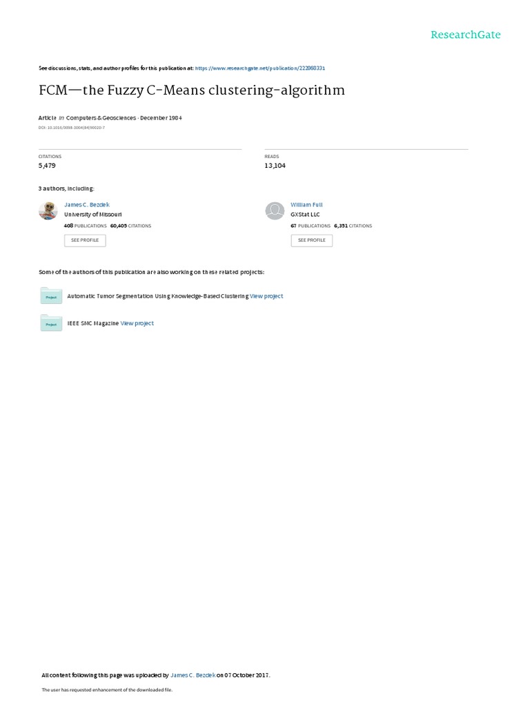 Fcm The Fuzzy C Means Clustering Algorithm Pdf Cluster Analysis Statistics