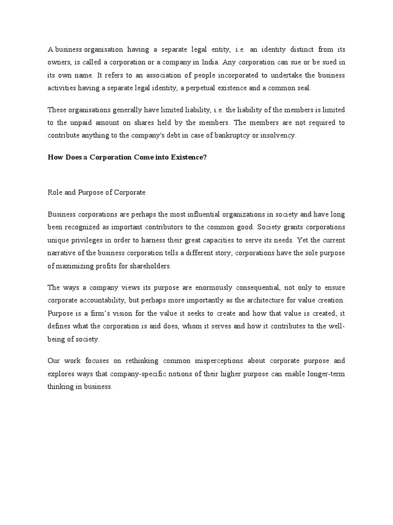 Role and Purpose of Corporation | PDF