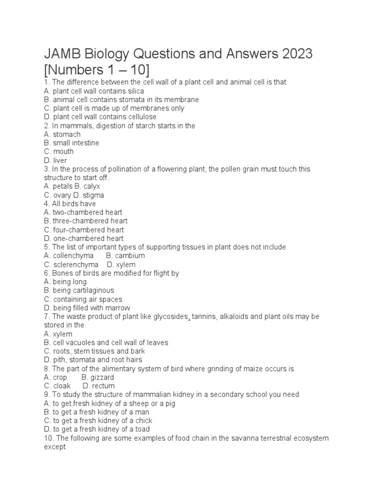 JAMB Biology Questions and Answers 2023 | PDF | Plants | Biology