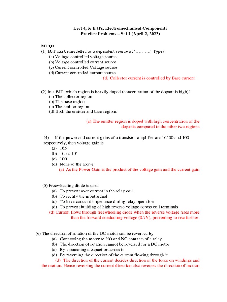 Ques Lect4 5 KT BJT Relays | PDF | Bipolar Junction Transistor | Electrical Equipment