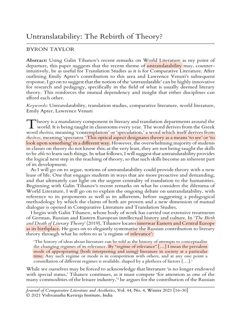 TAYLOR Untranslatability - The Rebirth of Theory | PDF