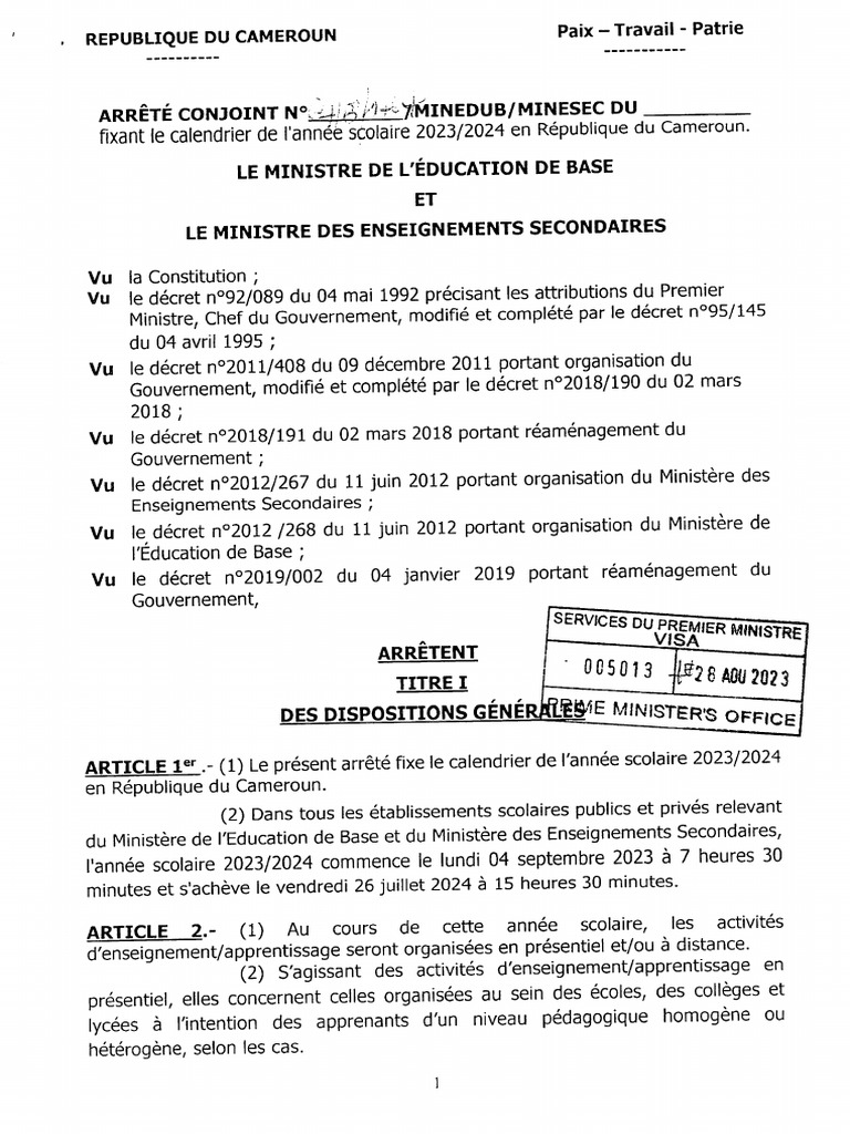 Calendrier de Lannee Scolaire 2023 2024 en Republique Du Cameroun | PDF