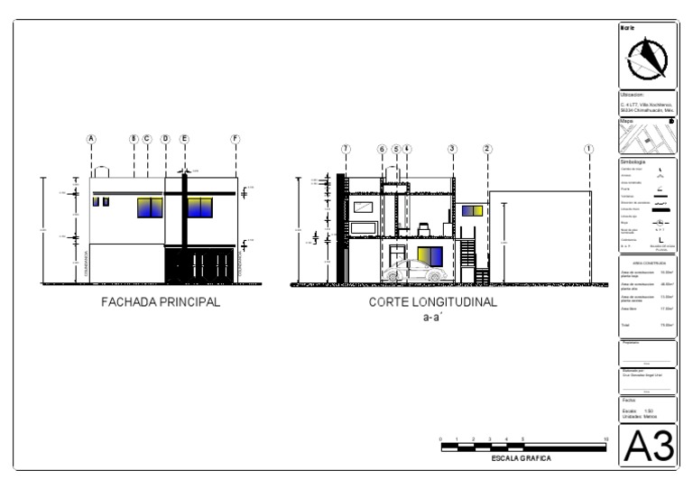 Fachada Principal Corte Longitudinal A-A : A B 1 2 3 4 5 6 7 C D E F | PDF