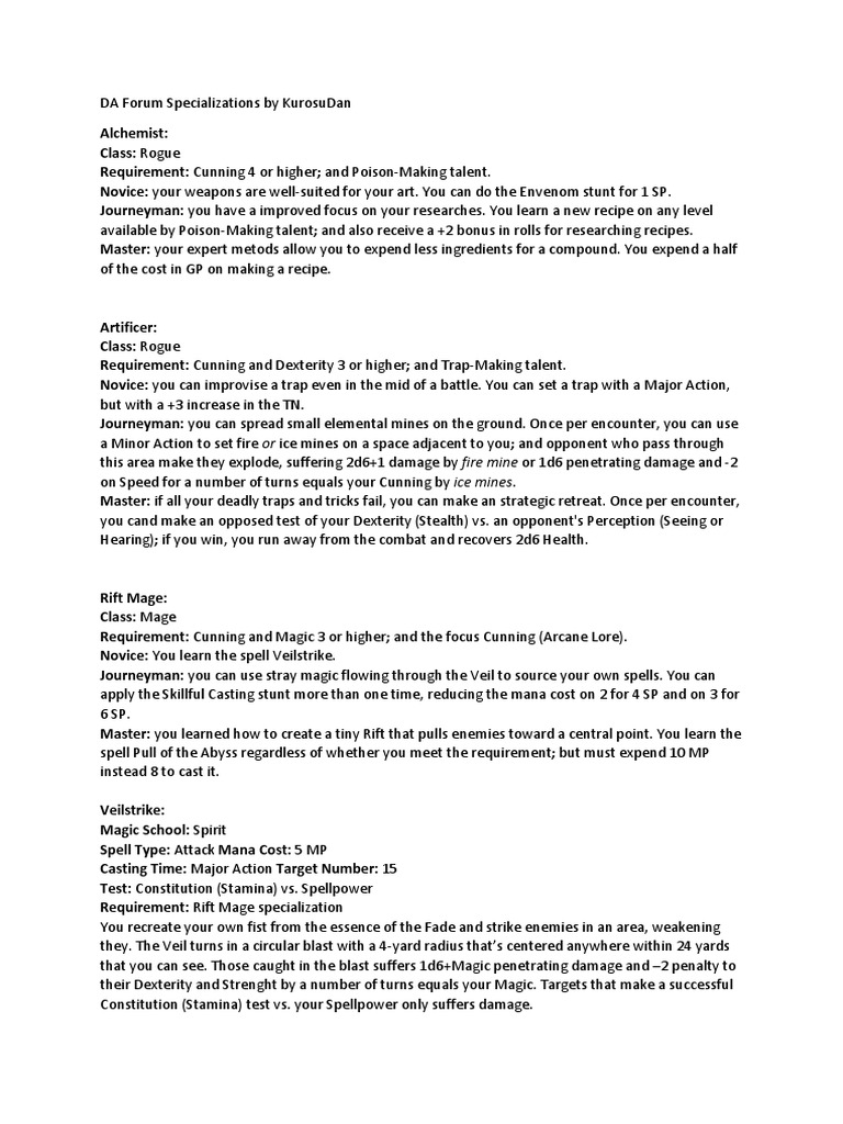 DA Forum KurosuDan Specializations | PDF | Fantasy Games