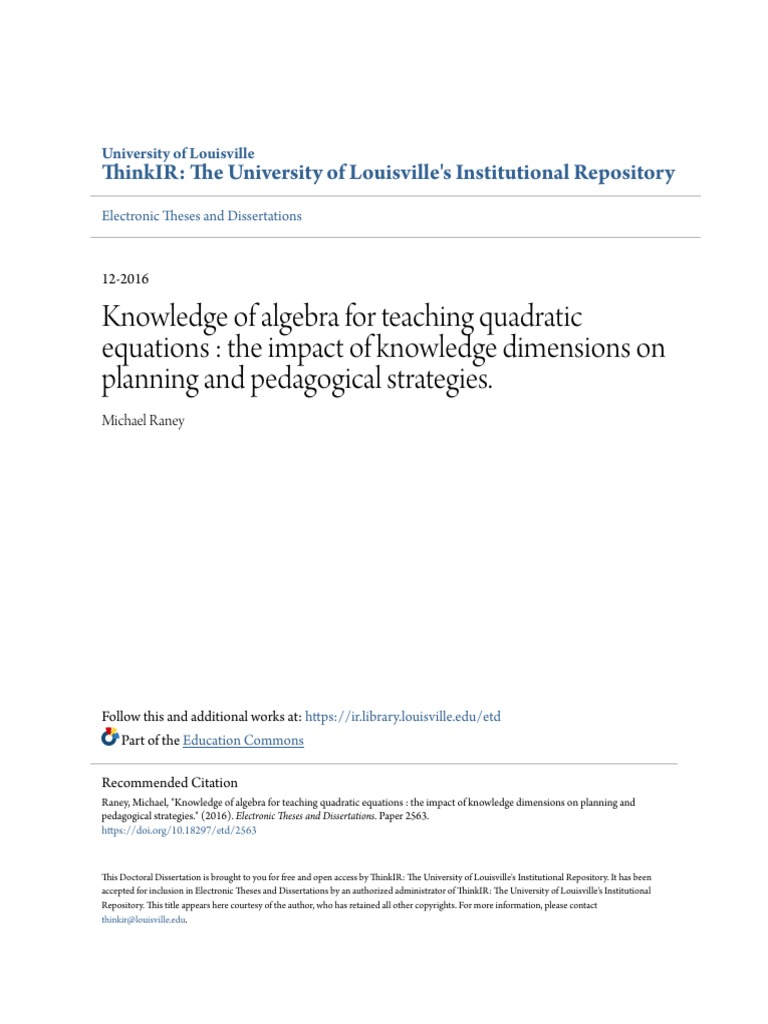 Knowledge of Algebra For Teaching Quadratic Equations: The Impact of Knowledge Dimensions On ...