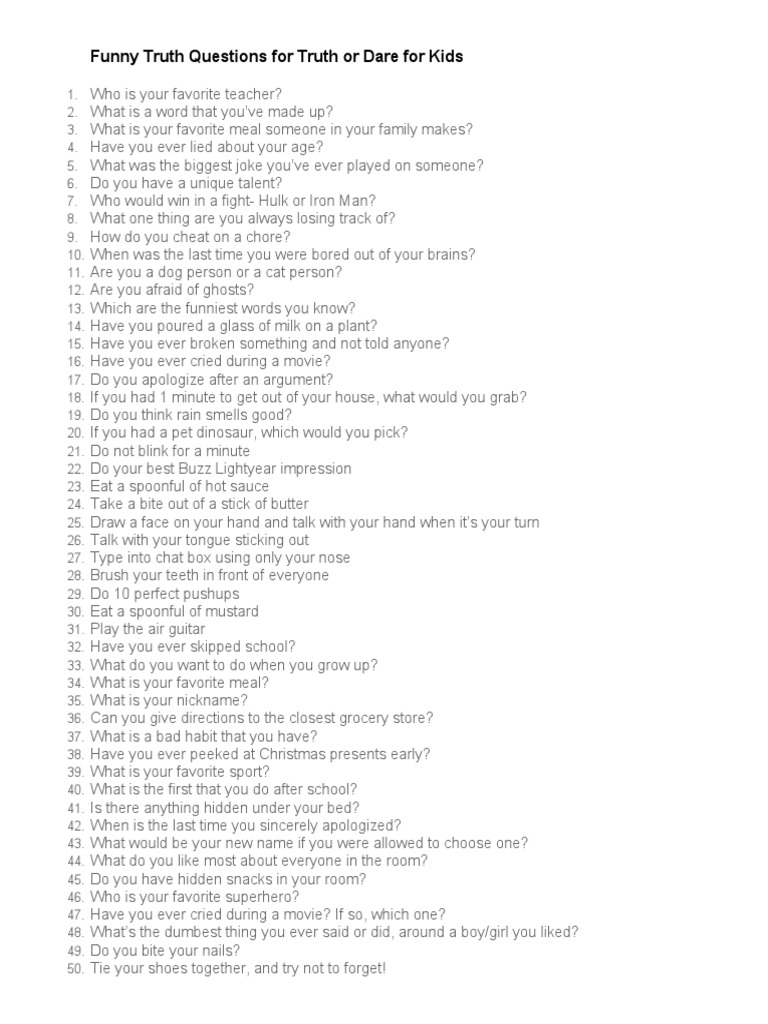 Funny Truth Questions For Truth or Dare For Kids | PDF
