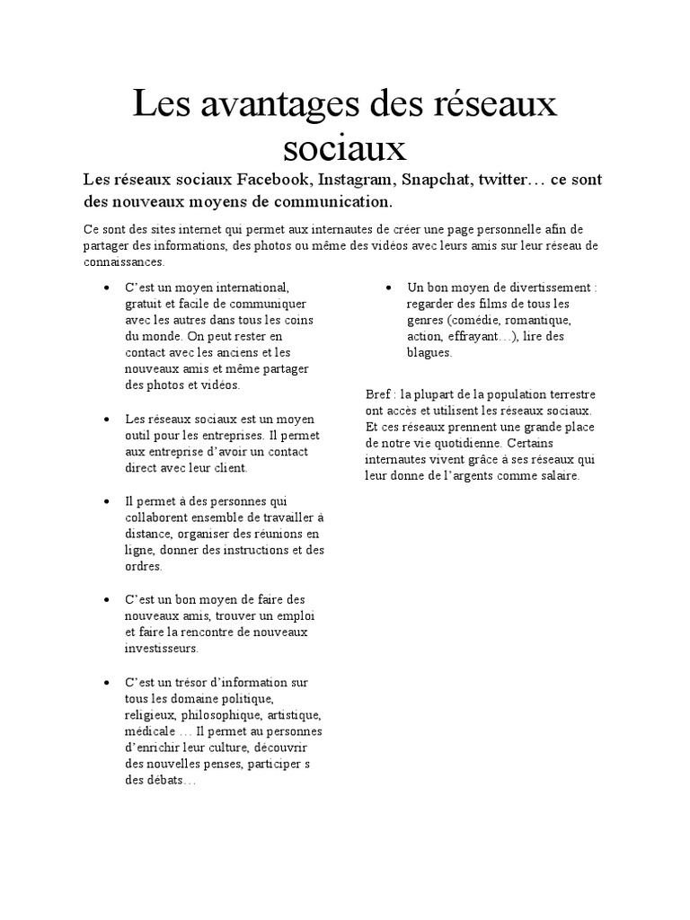 Les Avantages Des Réseaux Sociaux | PDF
