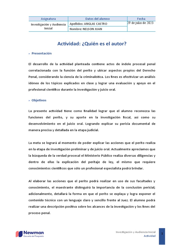 Actividad Investigacion y Audiencia Inicial | PDF | Testigo experto ...