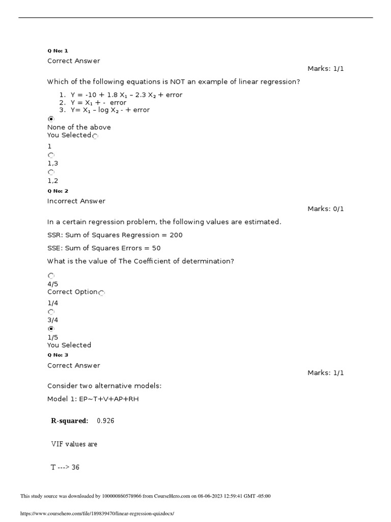 Linear Regression Quiz | PDF | Coefficient Of Determination ... Linear Regression Quiz | PDF | Coefficient Of Determination ...