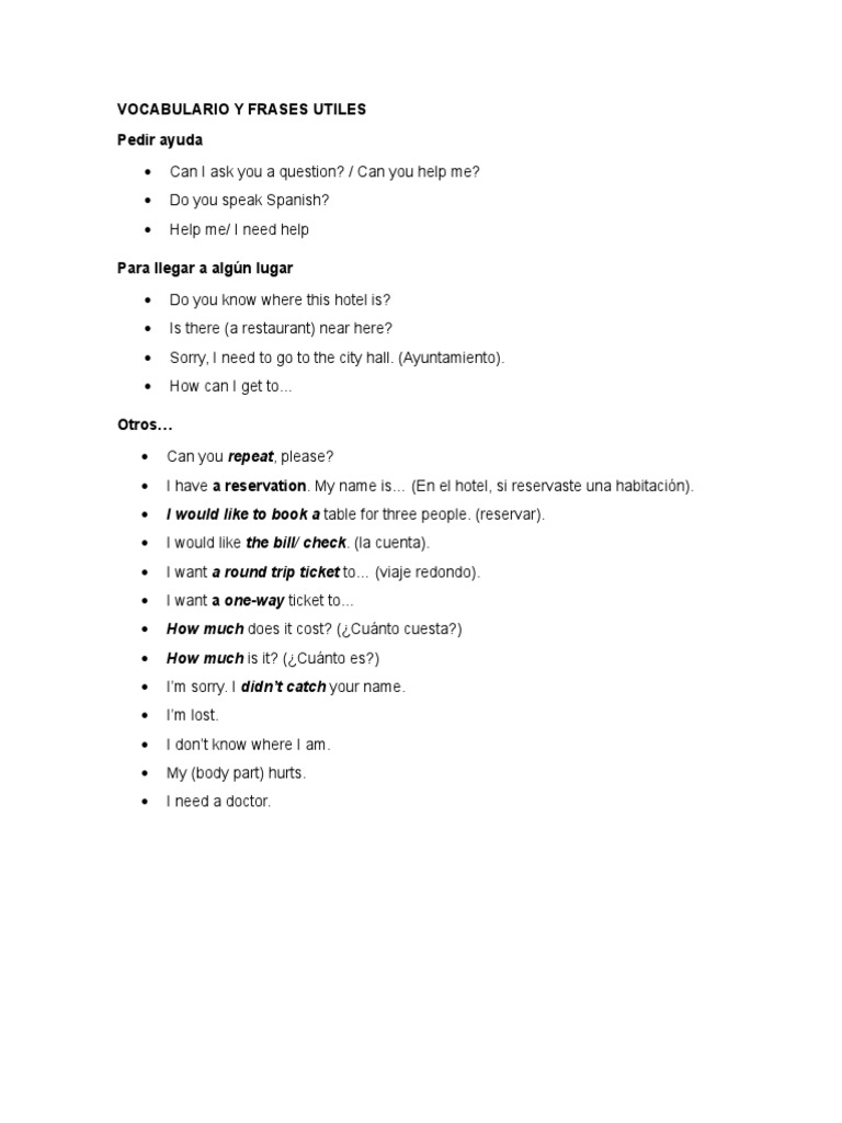 Vocabulario y Frases Utiles | PDF