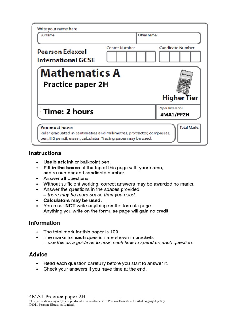 Igcse 9 1 Maths Practice Paper 2h Pdf Area Elementary Mathematics