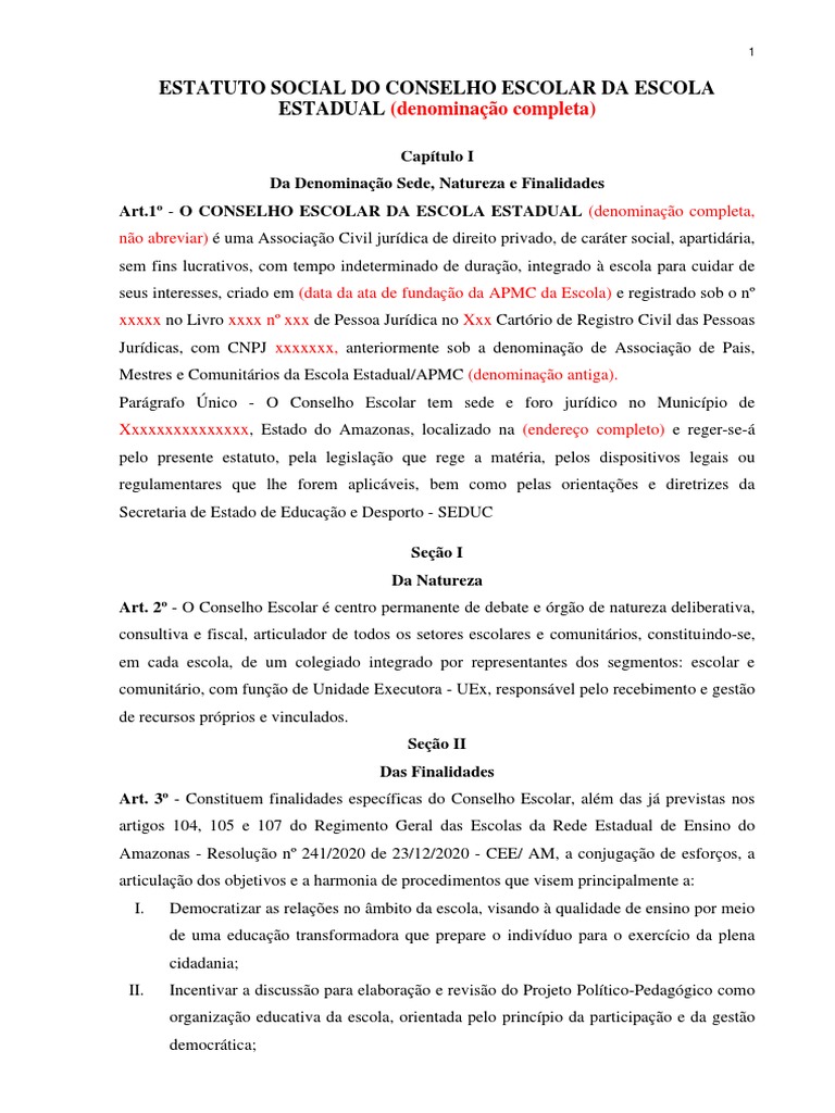 Estatuto Do Conselho Escolar - Transformação de Apmc para Conselho ...