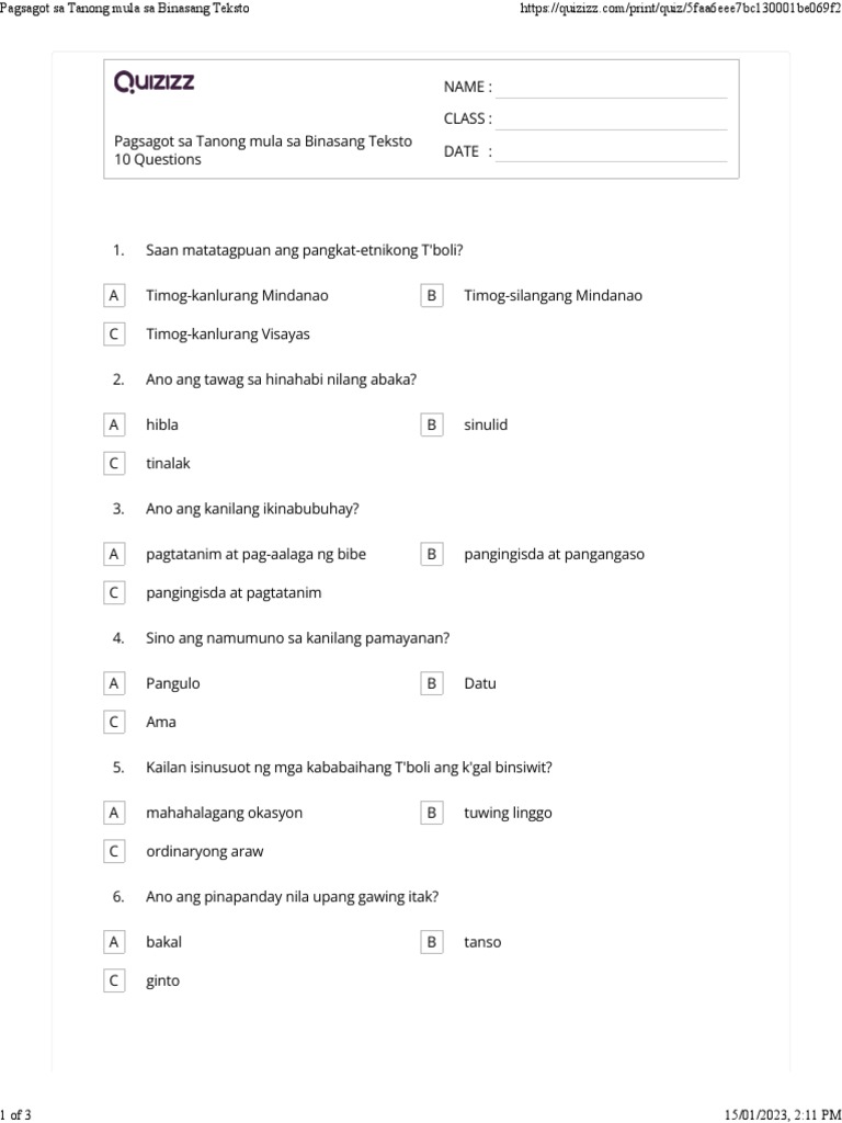 Pagsagot Sa Tanong Mula Sa Binasang Teksto | PDF