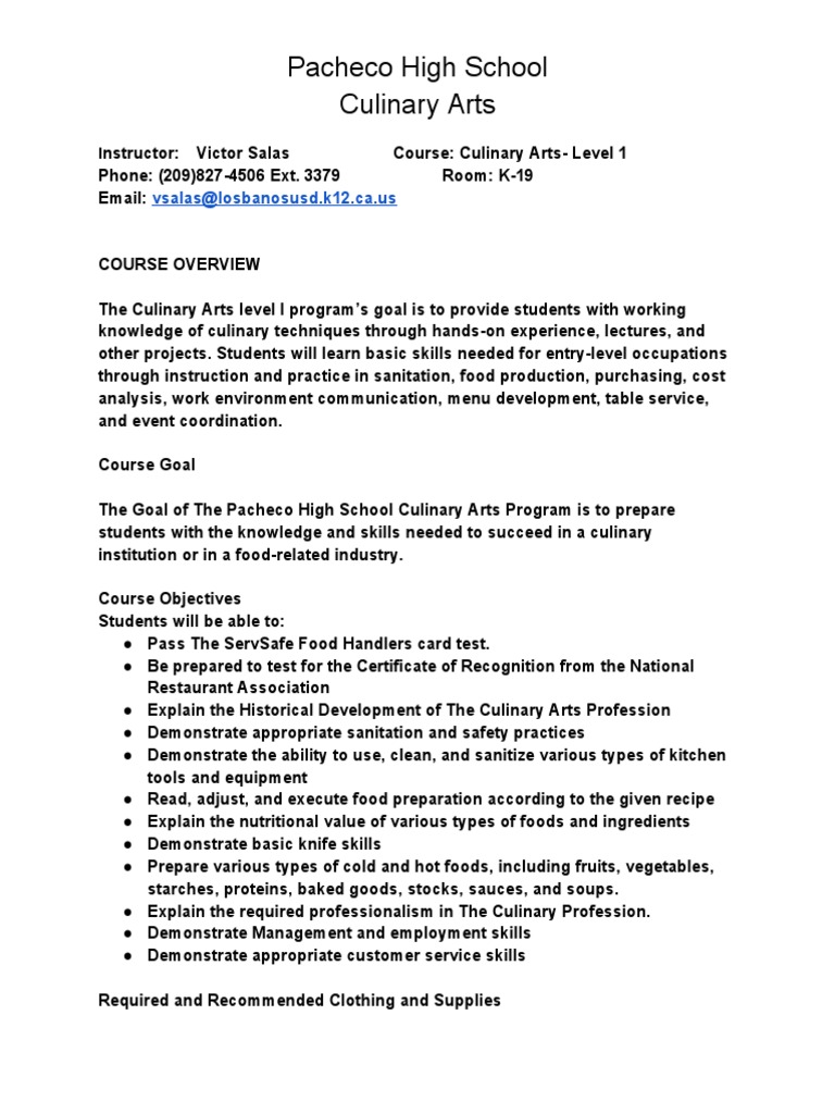 Culinart Arts 1 Syllabus | PDF | Culinary Arts | Food And Drink