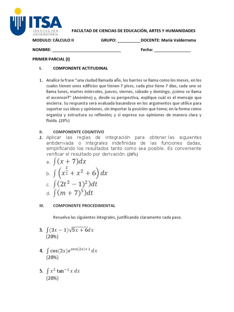 Examen de Cálculo II: Integrales y Reflexiones | PDF