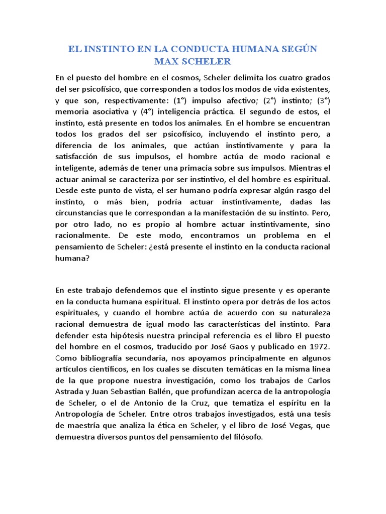 El Instinto en La Conducta Humana Según Max Scheler | PDF