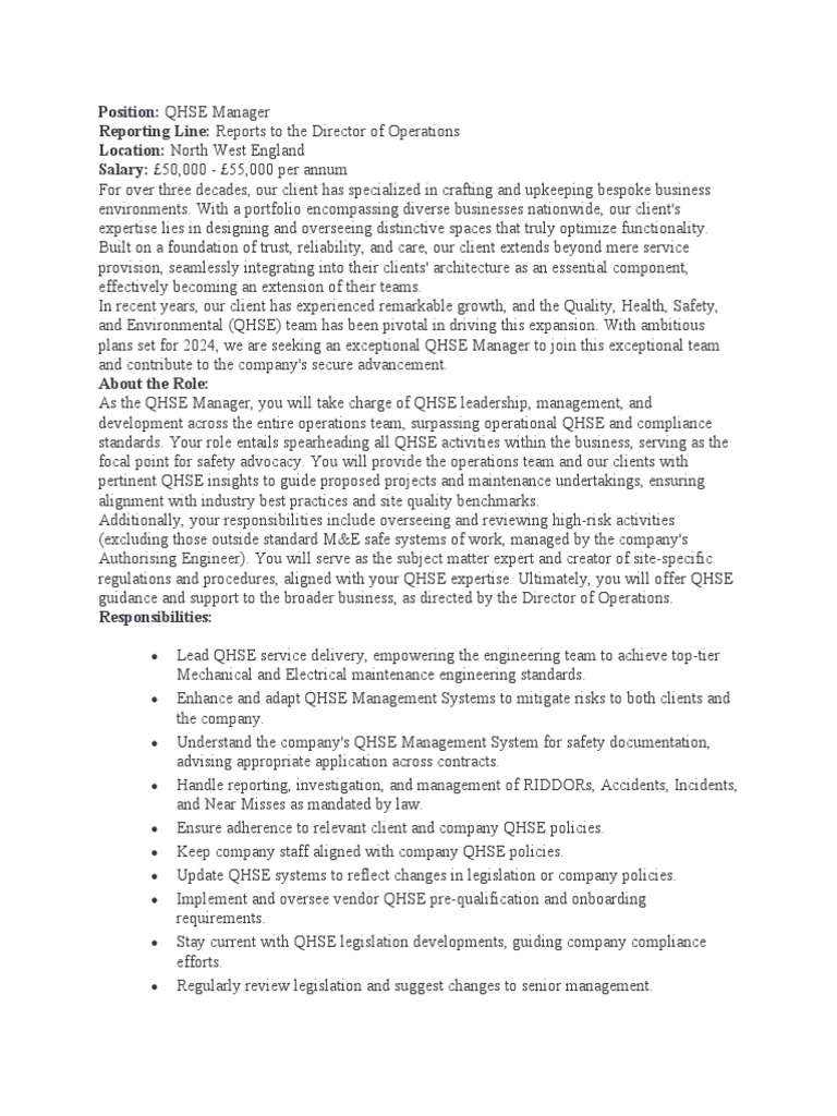 Responsibilities of QHSE Manager | PDF