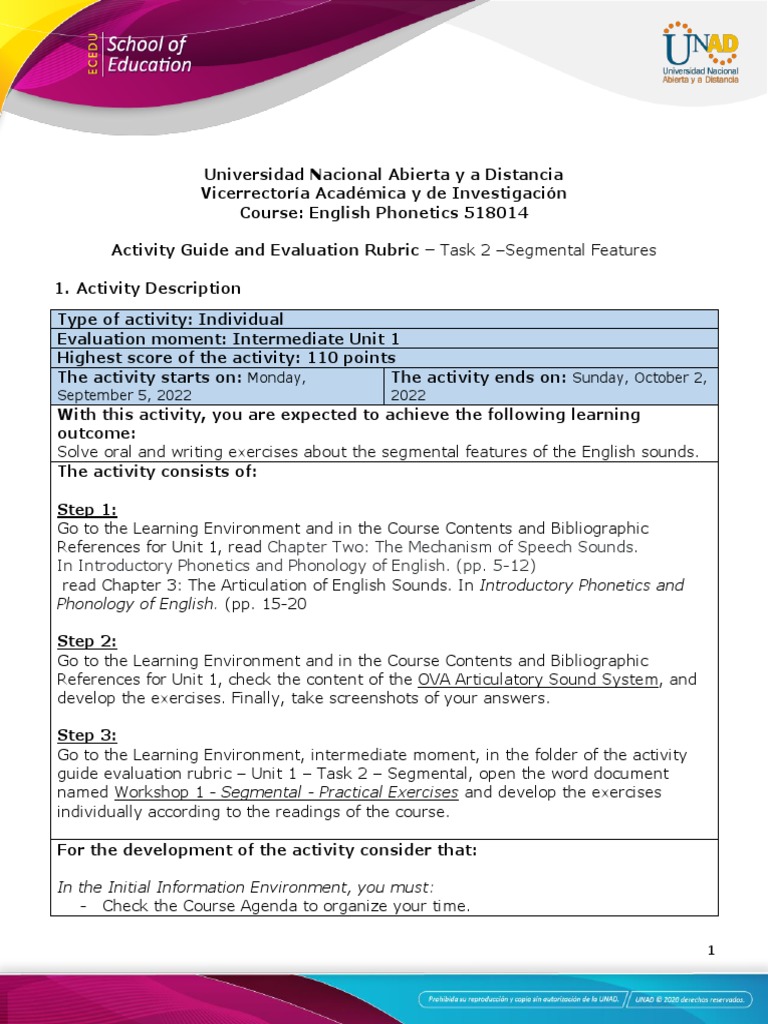 Activities Guide and Evaluation Rubric - Unit 1 - Task 2 - Segmental Features | PDF